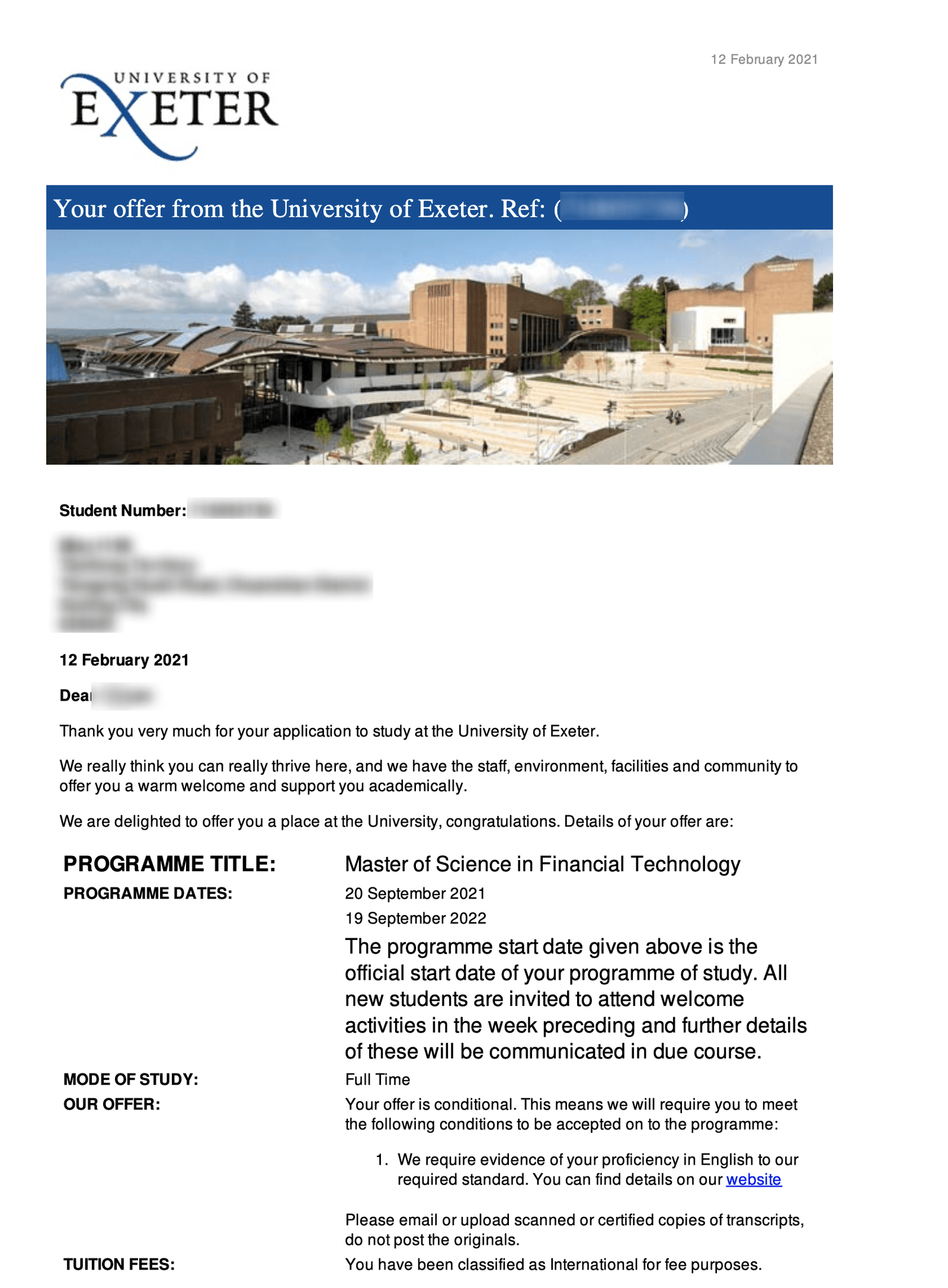 University of Exeter Offer 录取 - 北辰光