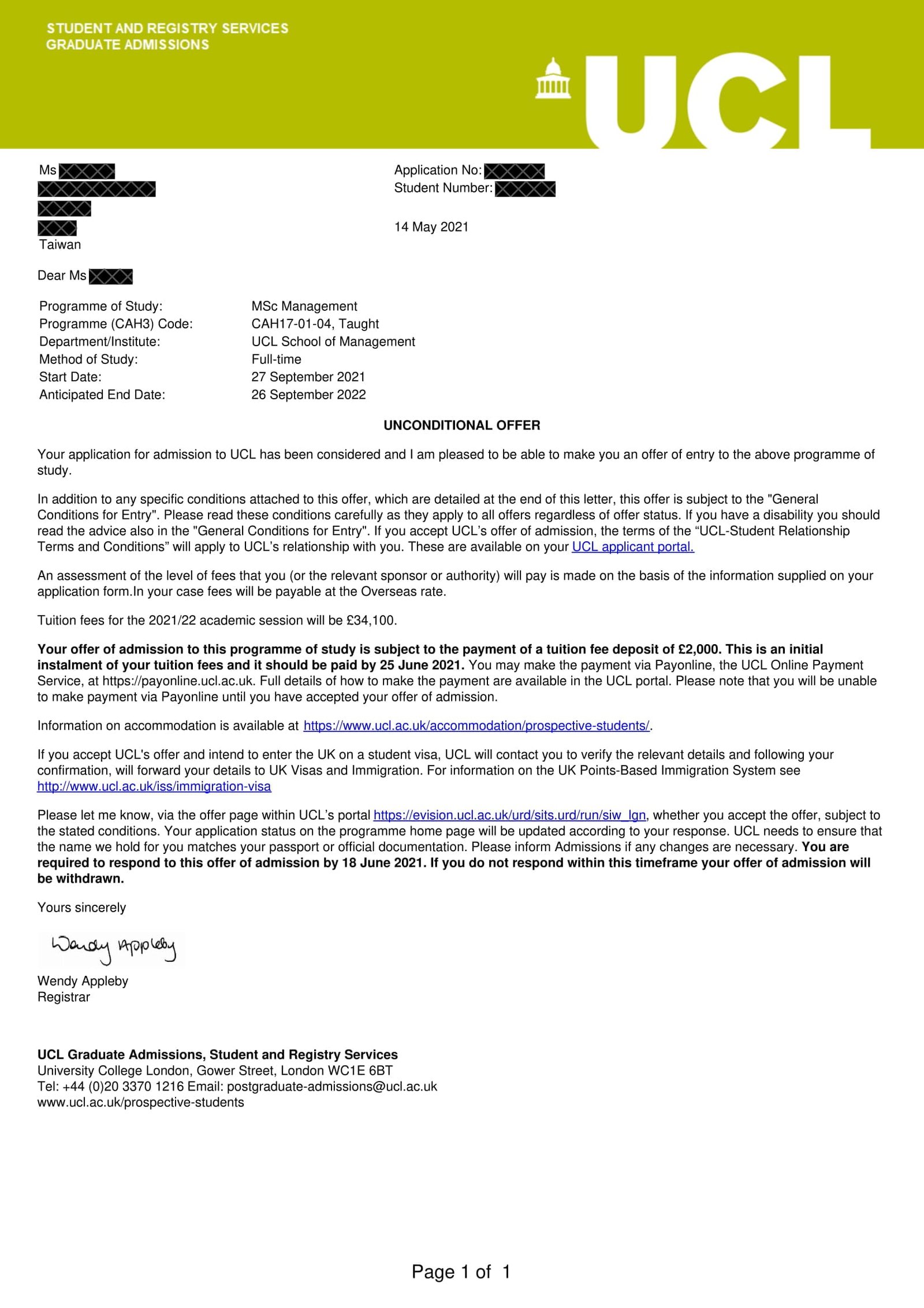 UCL MSc Management 录取 - 北辰光